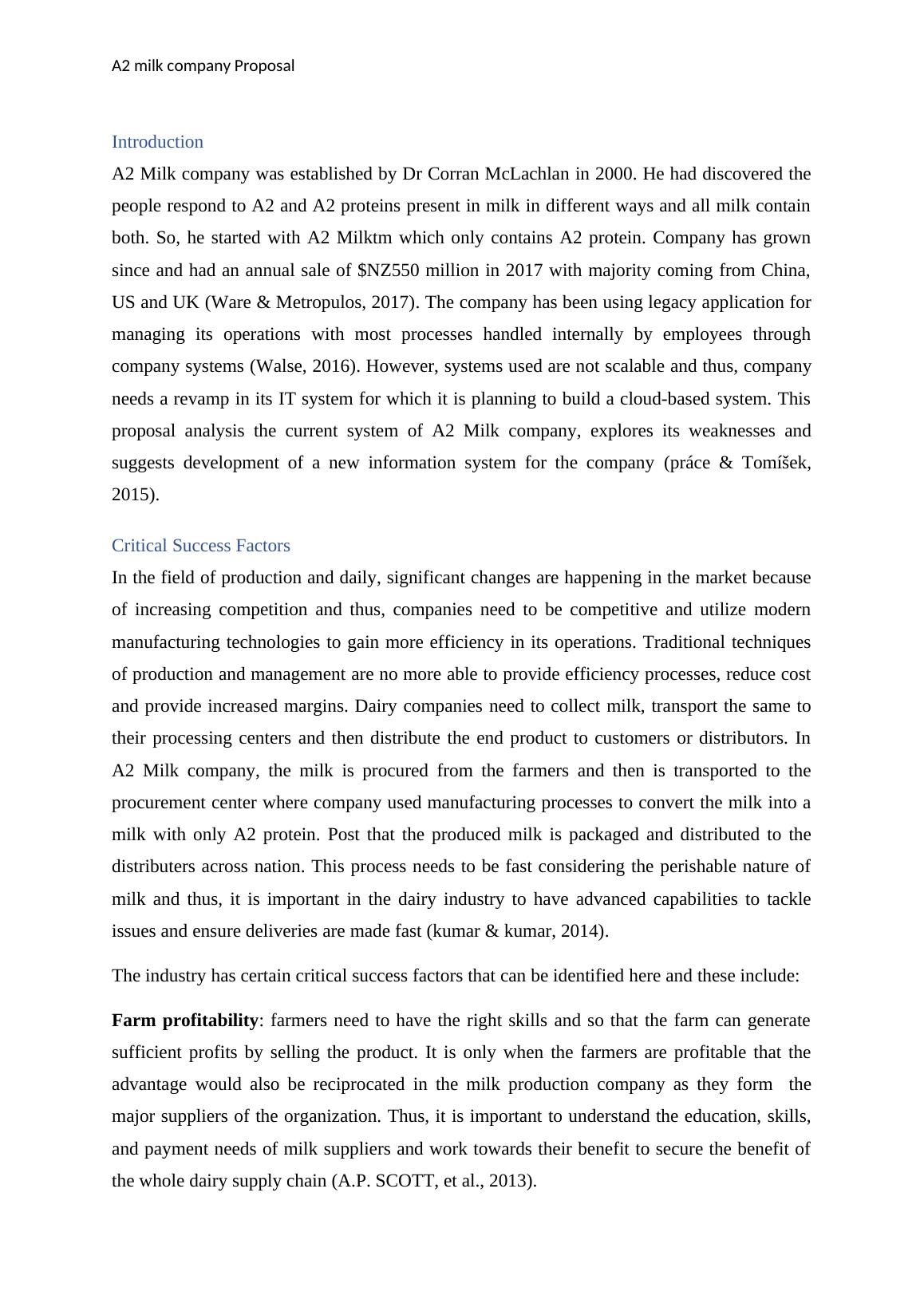 Strategic Info Systems: A2 Milk Company System Proposal