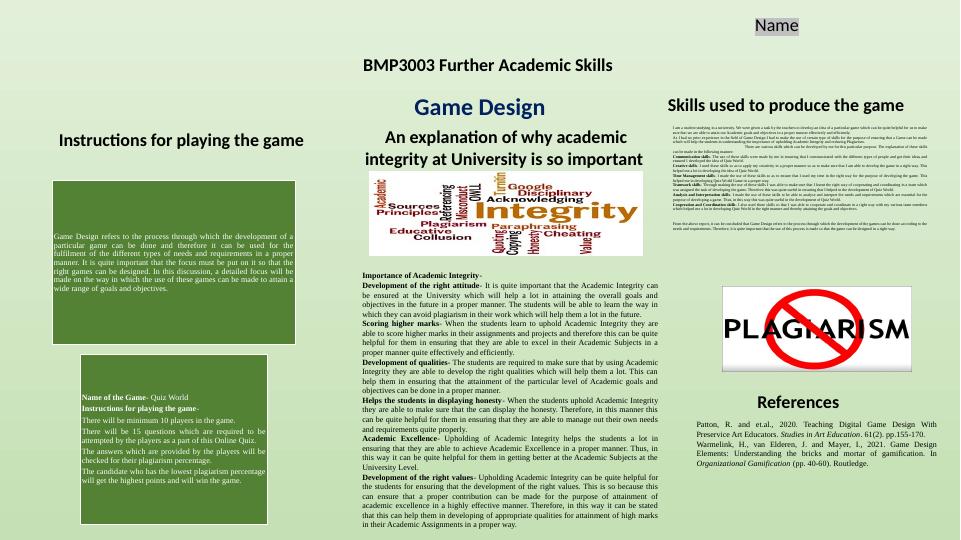 Academic Integrity & Game Design for Attaining Academic Goals
