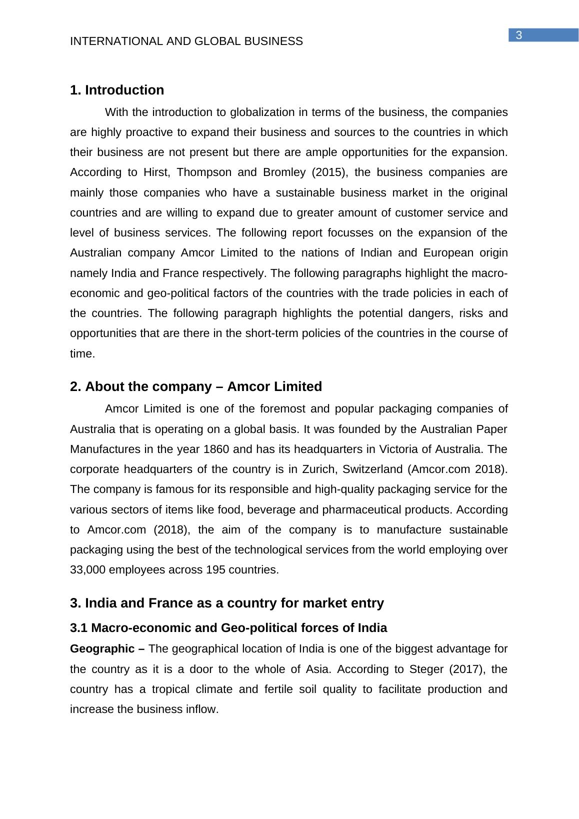 Market Entry Analysis of Amcor Limited in India and France