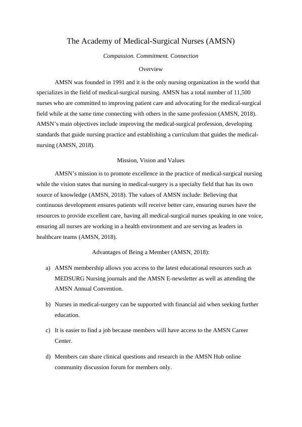 Report: Academy of Medical-Surgical Nurses (AMSN) Analysis