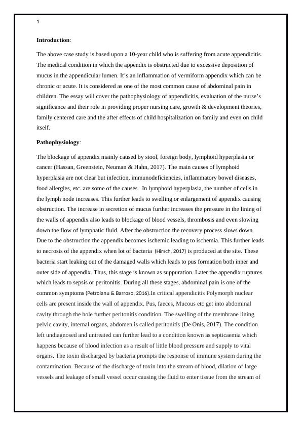 Appendicitis Case Study: Nursing, Development, and Care