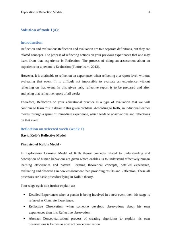 Application Of Reflection Models For Learning Through Prior Experience