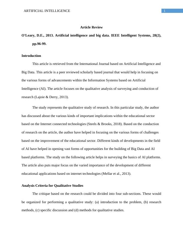 Artificial Intelligence: Article Review and Analysis