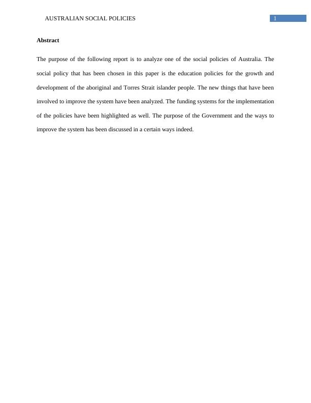 Australian Social Policies: Report and Analysis Overview