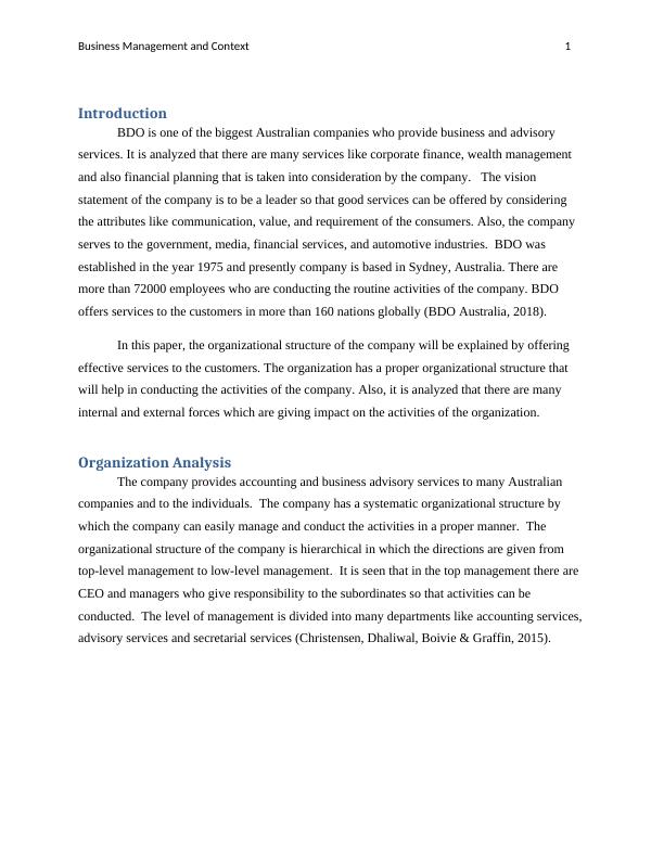 Organizational Structure and Analysis of BDO Australia