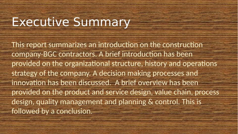 Operations Management: BGC Construction Company Overview