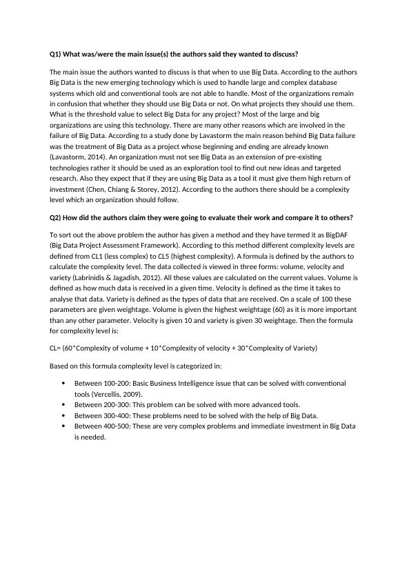 Big Data Project Assessment Framework: When to Use Big Data