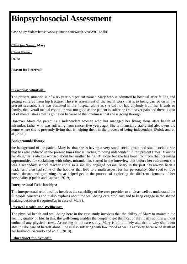 Biopsychosocial Assessment for an Elderly Patient with Hip Fracture