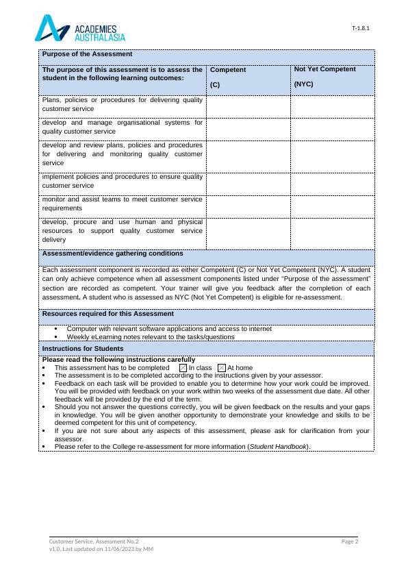 BSBCUS501 Customer Service Project & Role-Play BSB51915