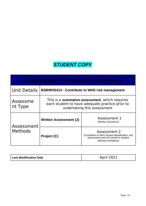 BSBWHS414 Contribute to WHS Risk Management Assessment Resource Summary