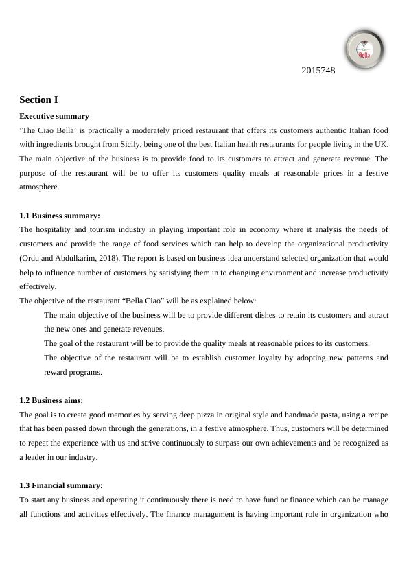 Business Plan for Hospitality Management - The Ciao Bella