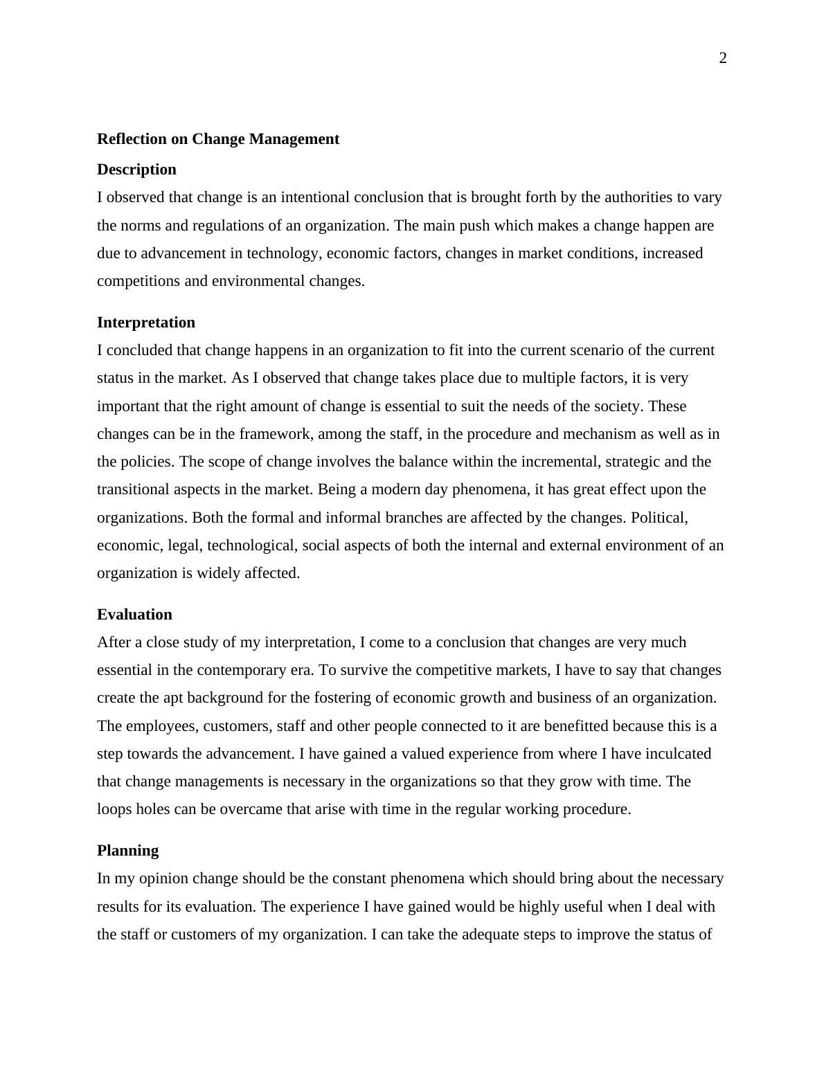 Reflection on Change Management and Motivational Performance