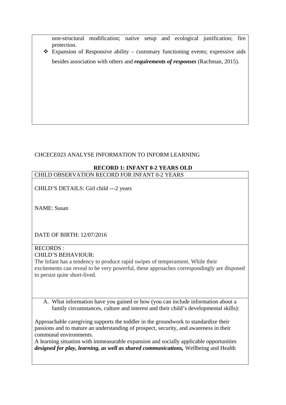 Child Observation Records for Inclusion and Learning Plan | Desklib