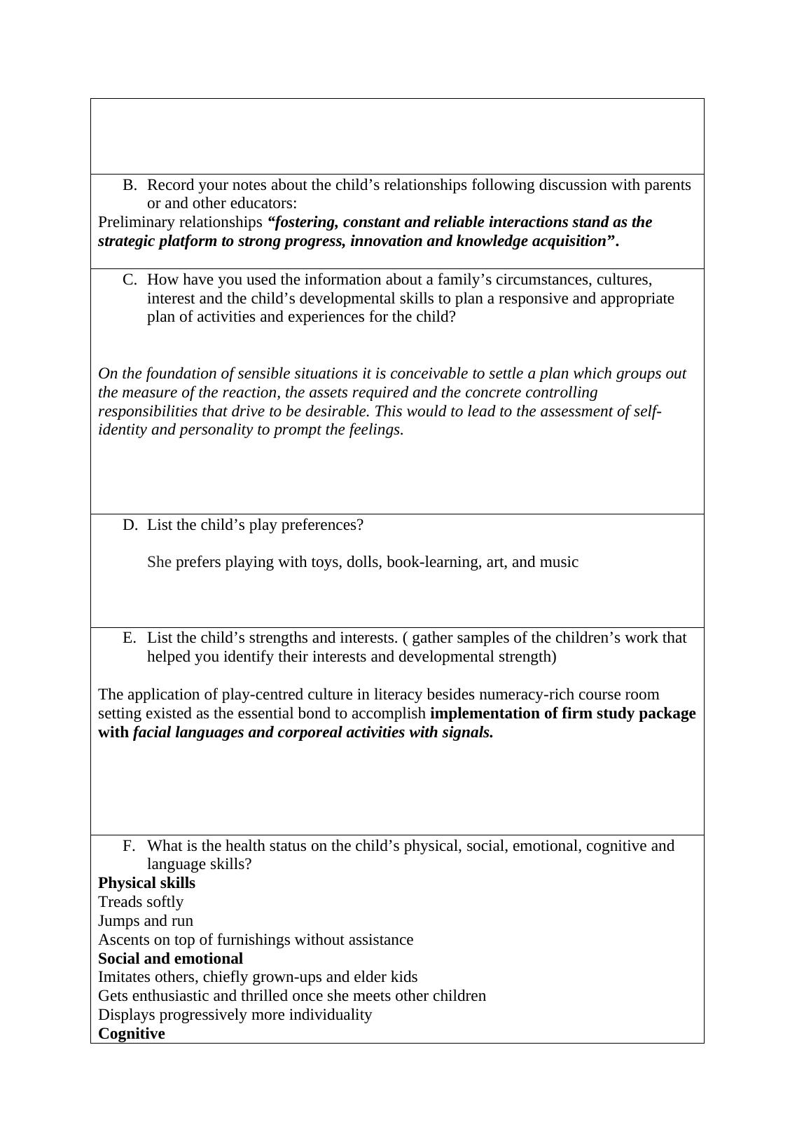 Child Observation Records for Inclusion and Learning Plan | Desklib