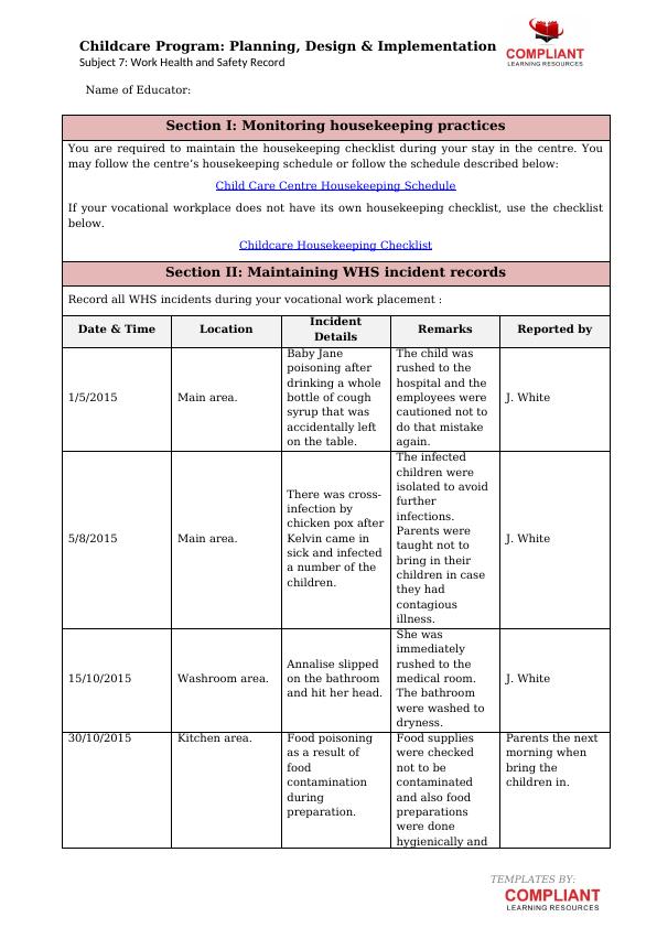 Childcare Program Work Health and Safety Record