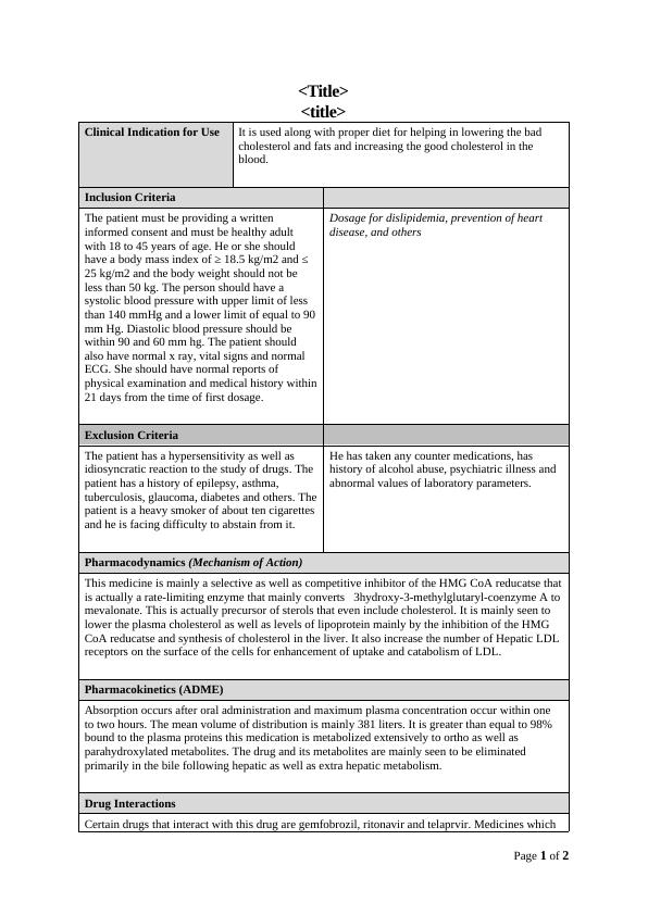 Clinical Indication and Dosage for Dislipidemia and Heart Disease ...