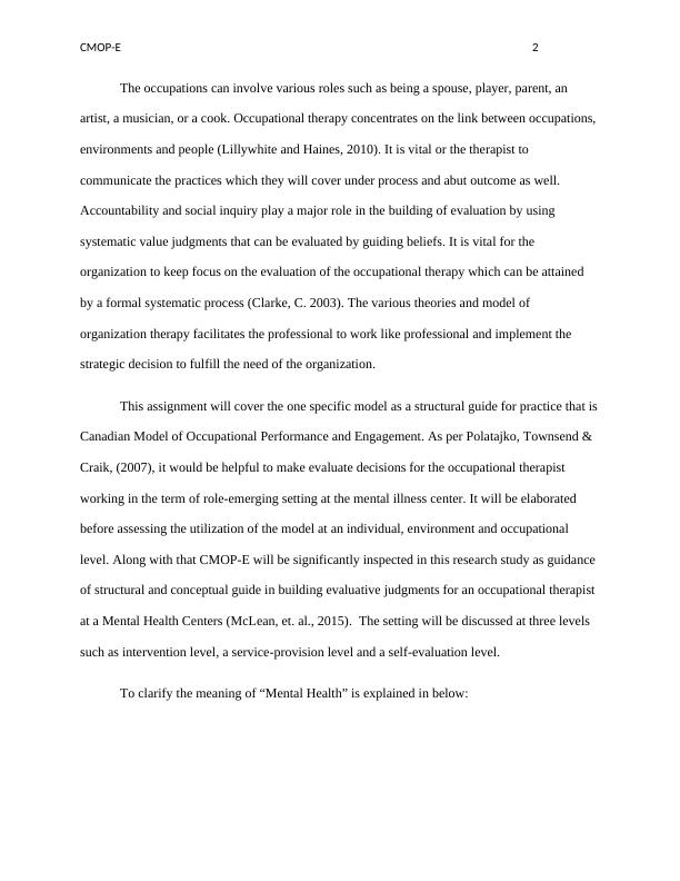 CMOP-E: Occupational Therapy Evaluation & Application