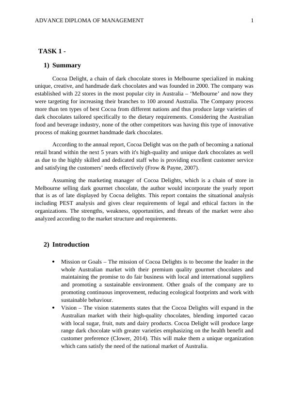 Management Report: Cocoa Delight's Strategic Analysis