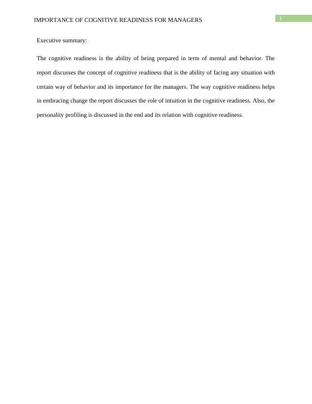 Cognitive Readiness: Key for Managers to Embrace Change