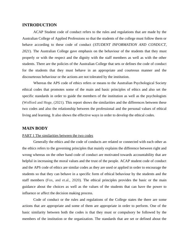 Comparison of ACAP Student Code of Conduct and APS Code of Ethics
