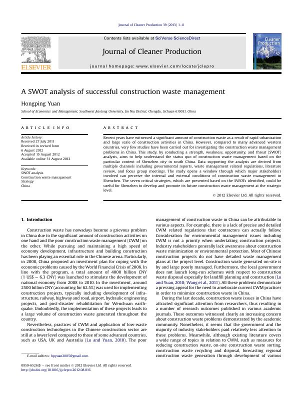 SWOT analysis of construction waste management in Shenzhen
