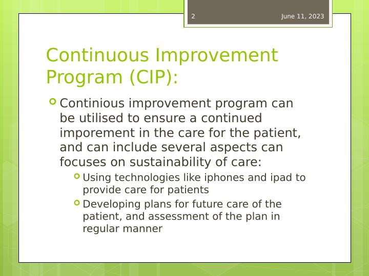 Continuous Improvement Programs for Patient Care | Desklib