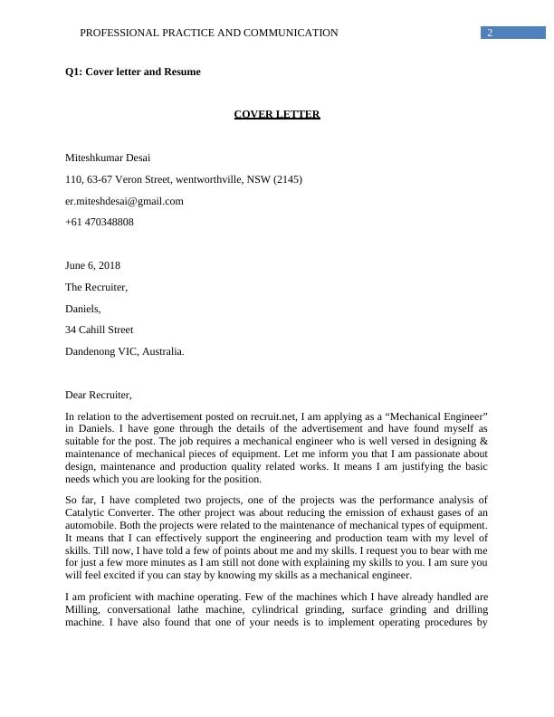 Reflection Essay on Cover Letter and Resume - Professional Practice and ...