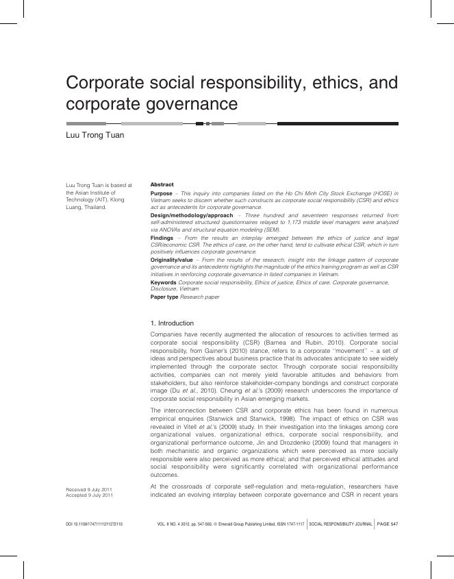 Corporate social responsibility, ethics, and corporate governance | Social Responsibility Journal