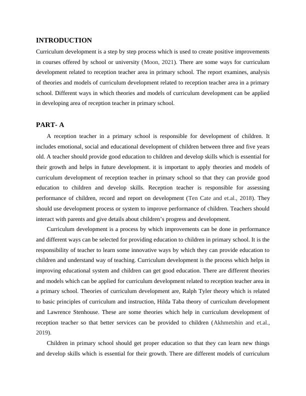 Curriculum Development for Reception Teachers in Primary Schools