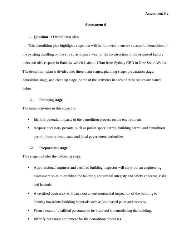 CPCCBC4010B Assessment 6: Demolition, BCA, Site Analysis