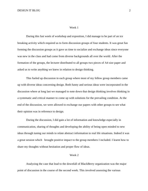 Design Thinking Reflective Journal On Course Experience