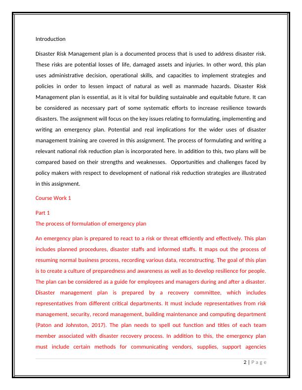 Disaster Risk Management Plan | Desklib