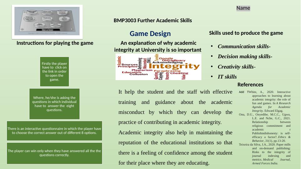 University Game Design: Academic Integrity BMP3003