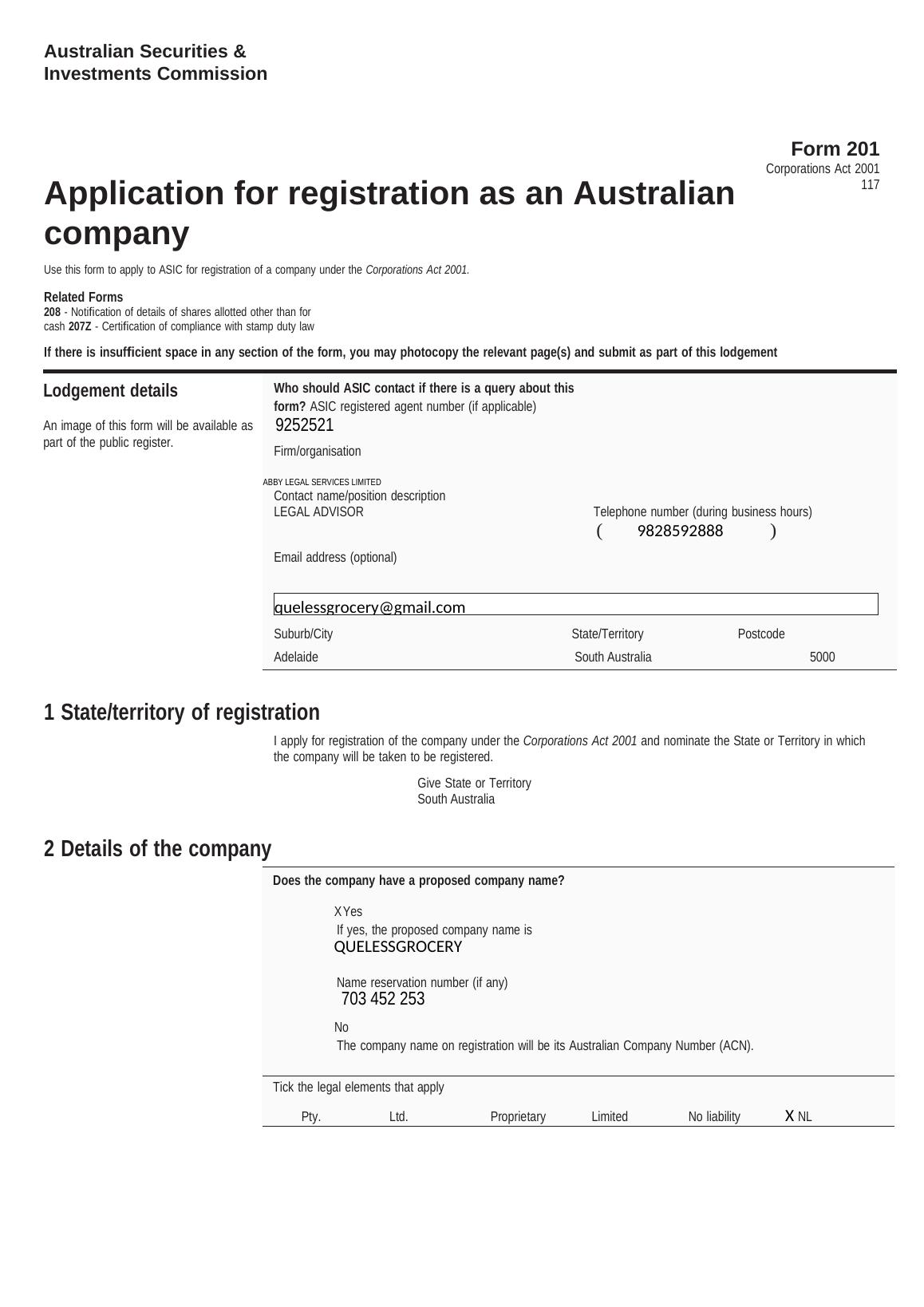 ASIC Form 201 - Application for Registration as an Australian Company
