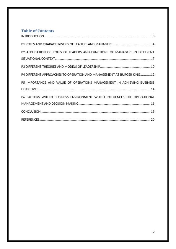 Burger King Leadership, Management & Operations Report