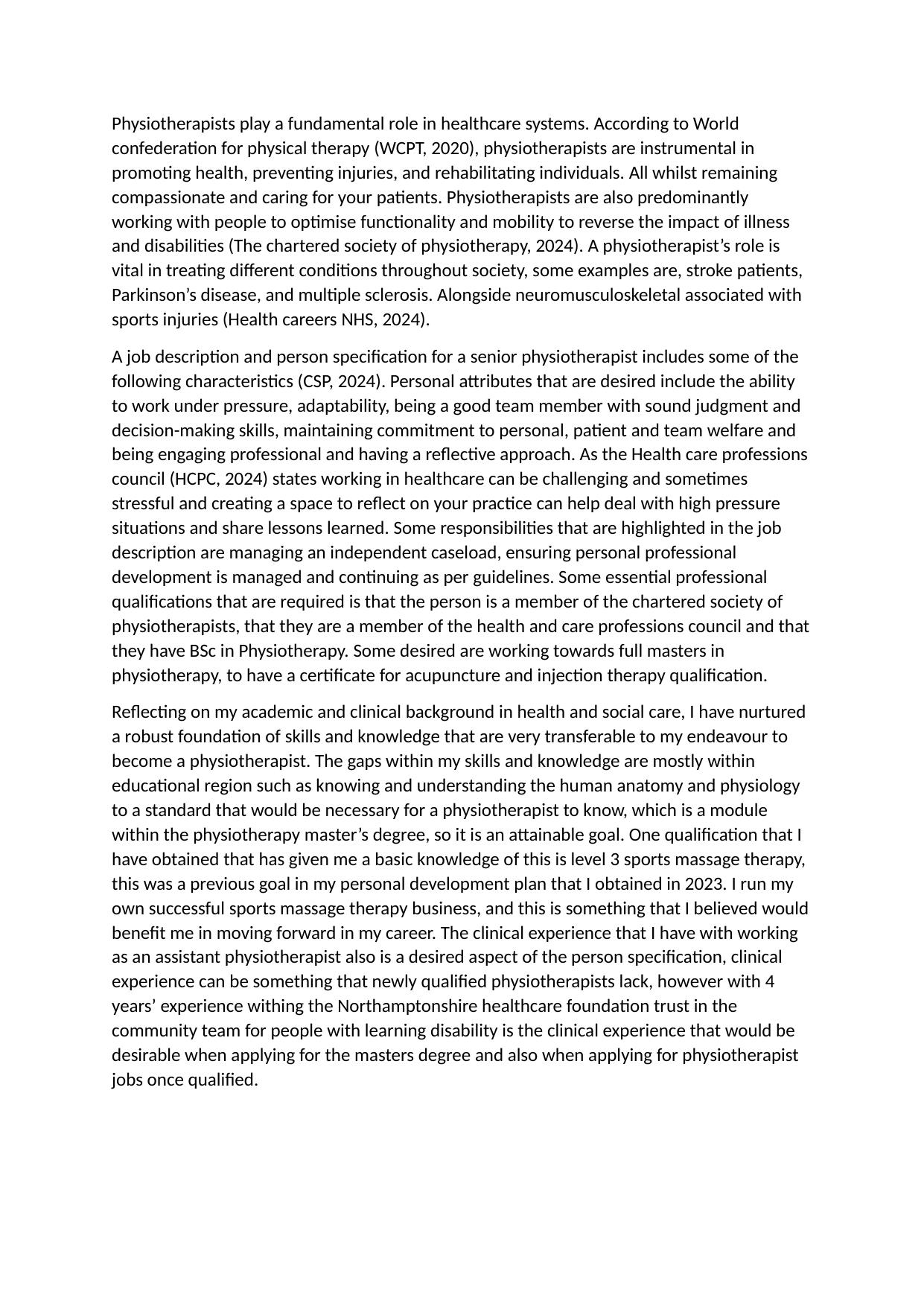 Reflective Portfolio on Pursuing a Master's Degree in Physiotherapy