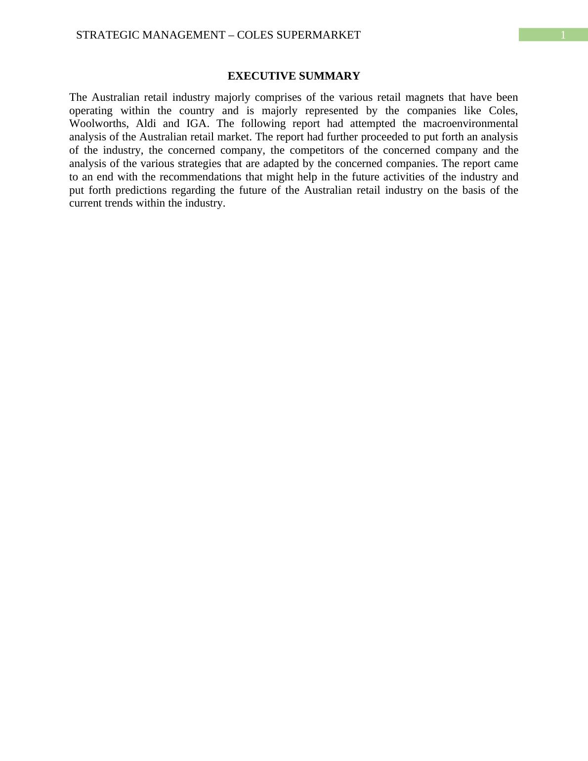 Strategic Management Report: Coles Supermarket Case Study