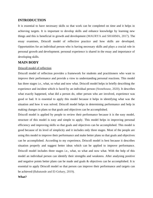 Driscoll Model of Reflection and Importance of Developing Skills