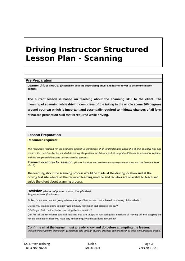 Driving Test Lesson Plans for Learner Drivers | Desklib