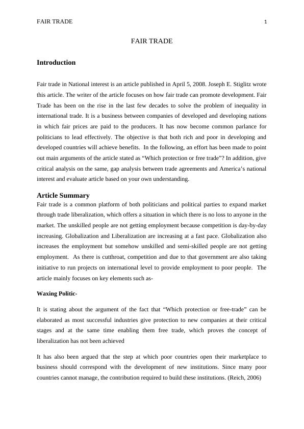 Fair Trade, Trade Agreements, National Interest Analysis