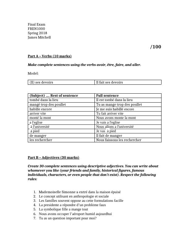 French Final Exam Spring 2018 - Desklib