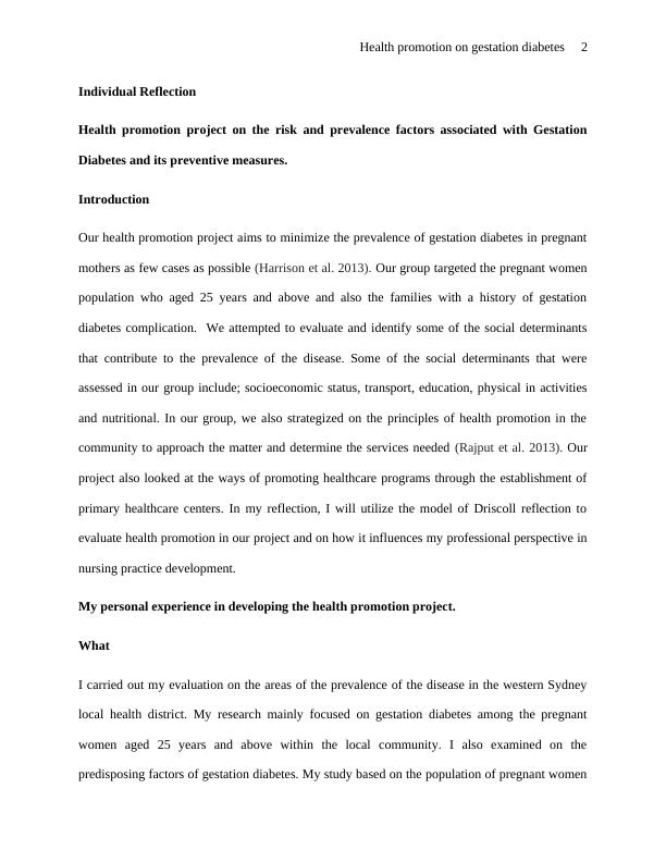 Health Promotion Project: Reflective Report on Diabetes