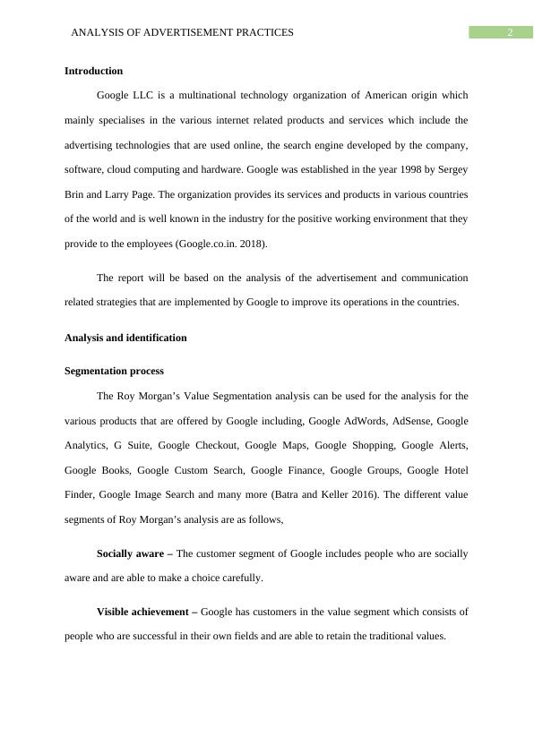 Analysis of Advertisement Practices for Google