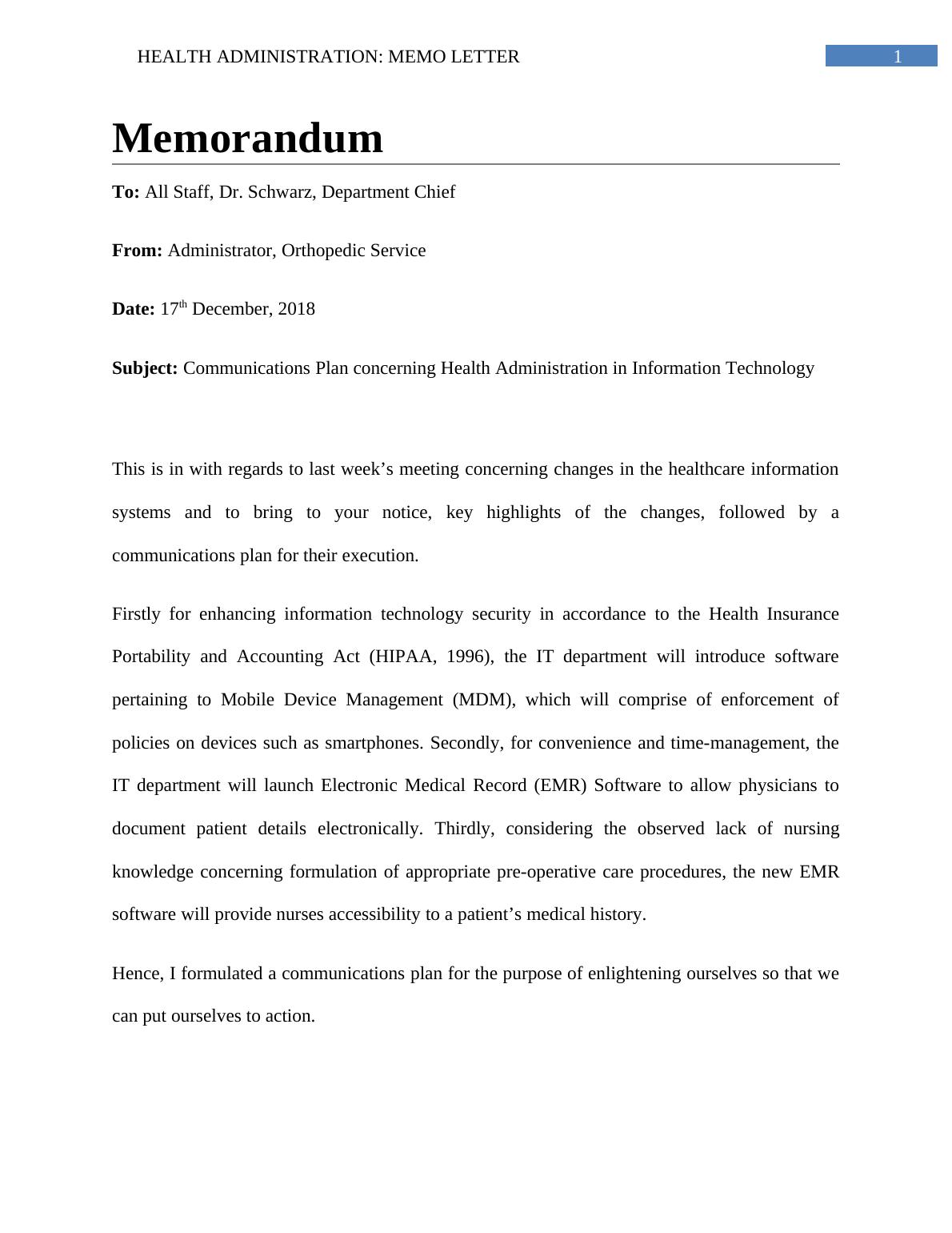 Health Administration: IT Changes Communication Memo