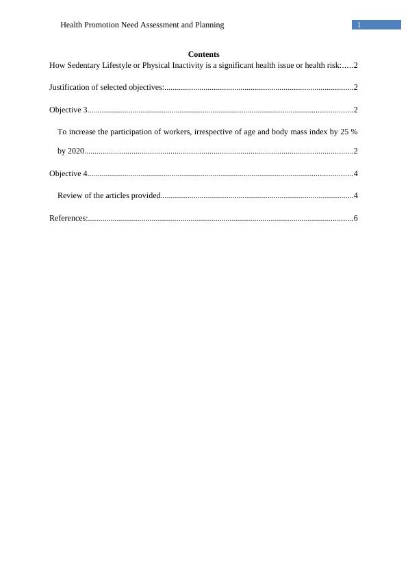 Health Promotion: Need Assessment, Planning & Sedentary Life