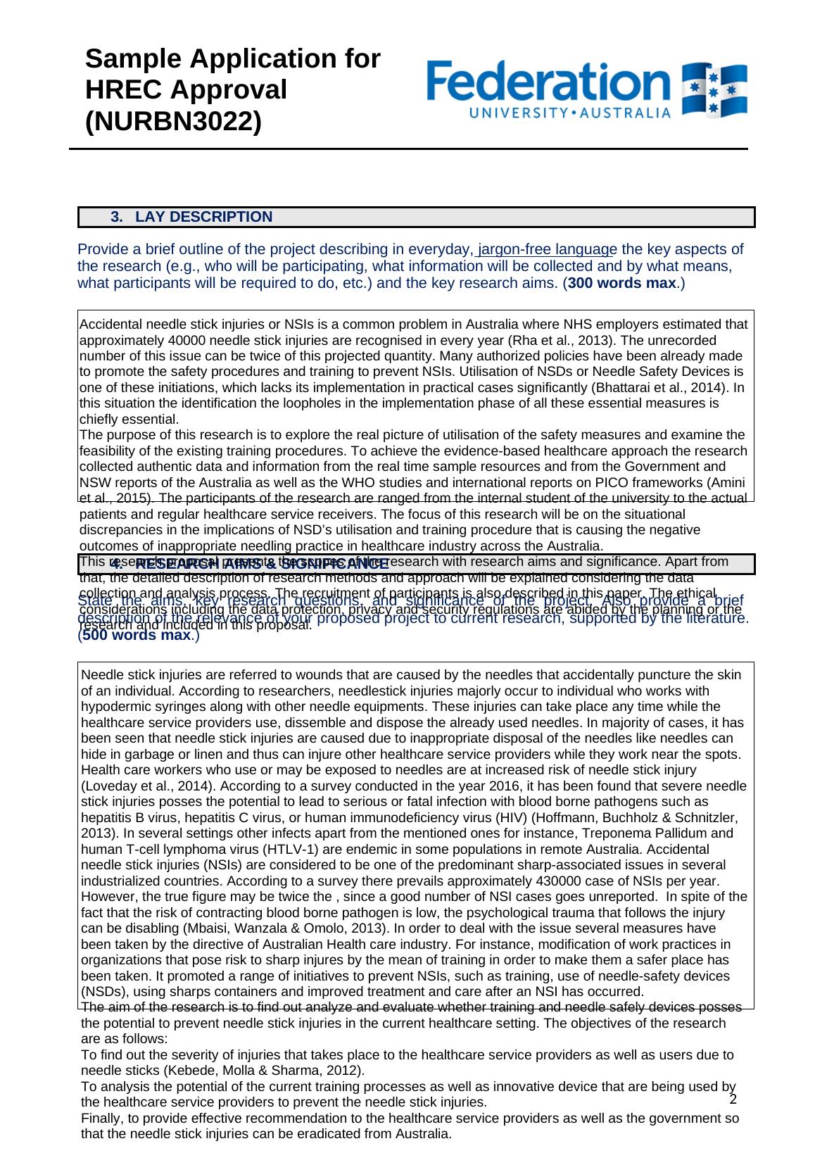 HREC Ethics Application: Needle Stick Injuries Prevention