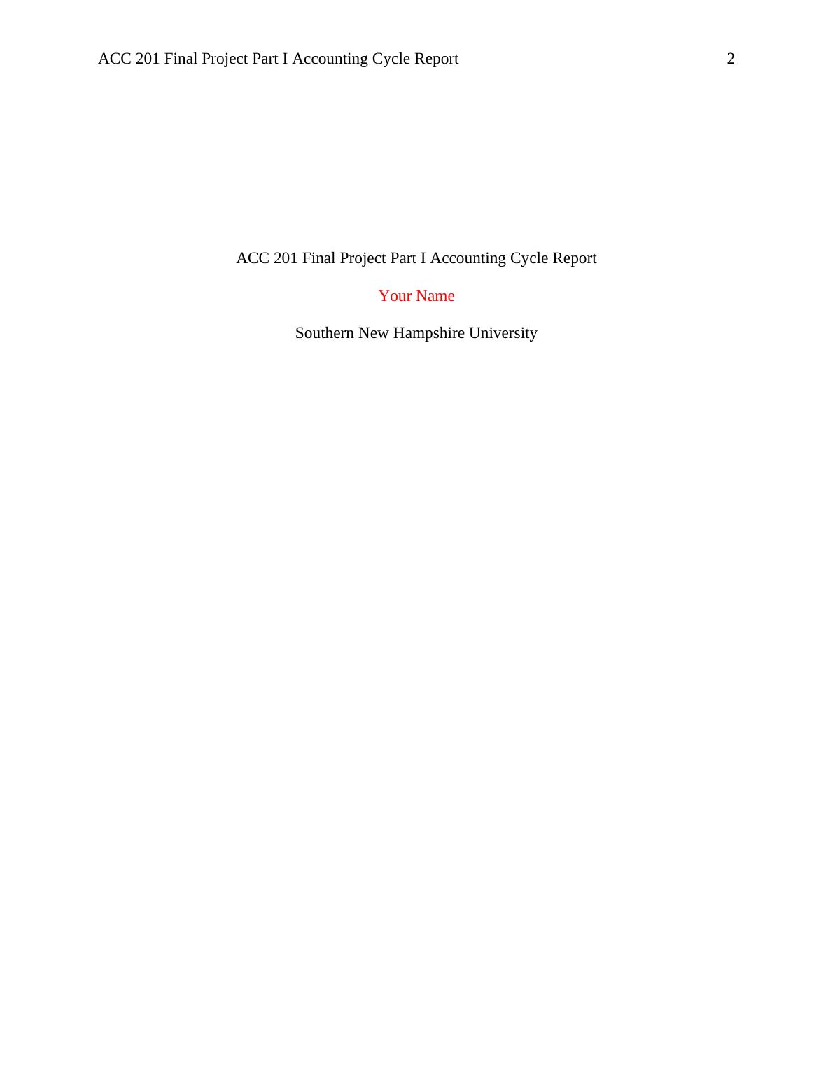 SNHU ACC 201: Final Project Accounting Cycle Report