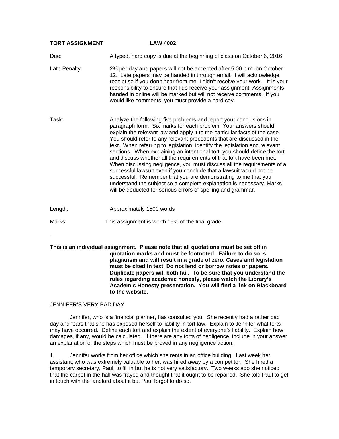 LAW 4002 Assignment: Jennifer's Tort Liability Analysis