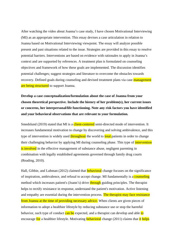 Joanna's Case Study: Motivational Interviewing Intervention