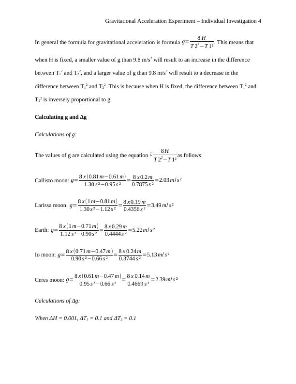 Gravitational Acceleration Experiment Individual Investigation